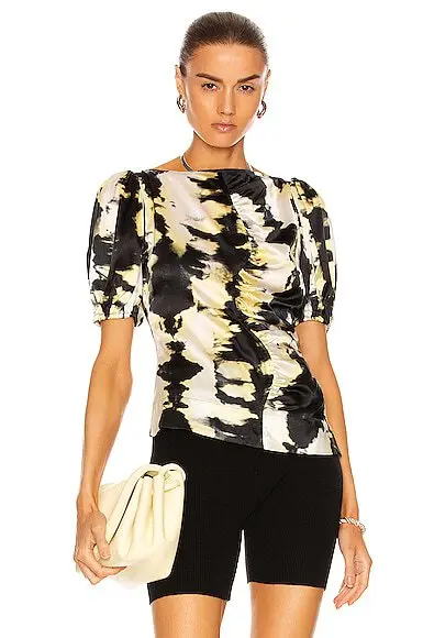 GANNI Silk Stretch Satin Top In Yellow,black