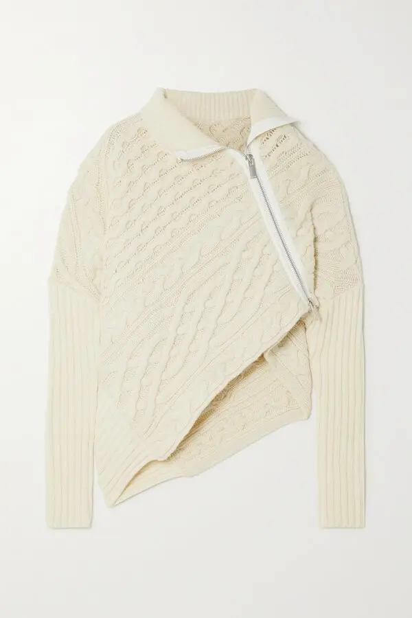Sacai Asymmetric Zip-Detailed Cable-Knit Wool Sweater In Off-White