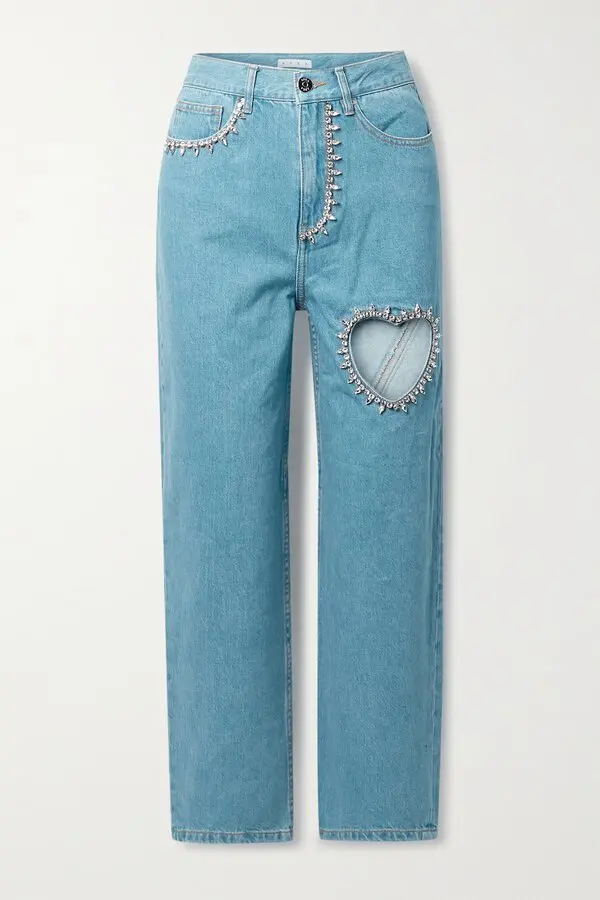 AREA Crystal-embellished Cutout Mid-rise Straight-leg Jeans