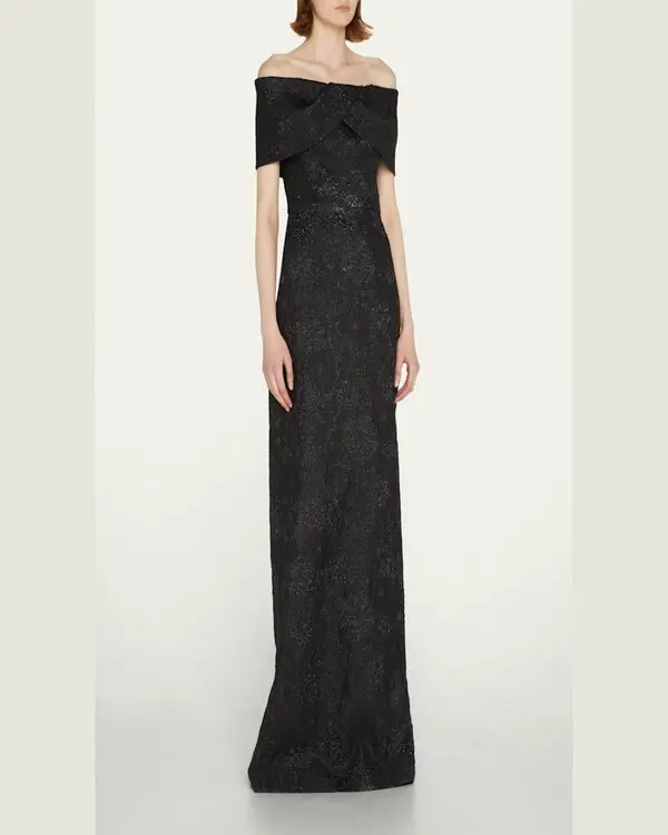 Rickie Freeman For Teri Jon Off-shoulder Jacquard Gown - Black