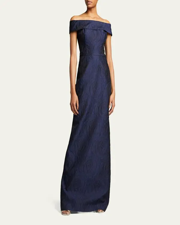 Rickie Freeman For Teri Jon Off-shoulder Jacquard Gown - Navy