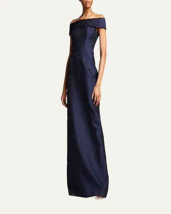 Rickie Freeman For Teri Jon Off-shoulder Jacquard Gown - Navy