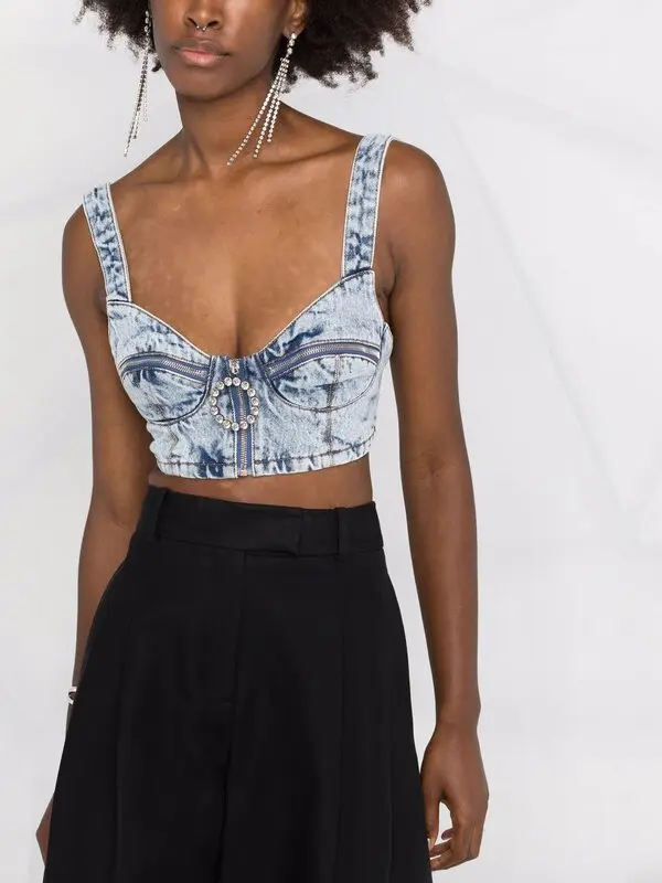 Alessandra Rich Crystal-embellished Zip-pull Denim Bralette