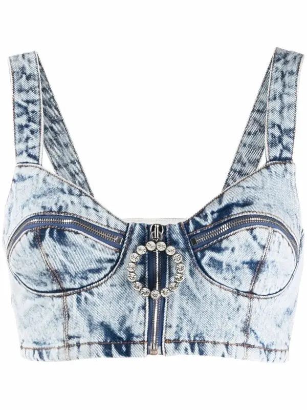 Alessandra Rich Crystal-embellished Zip-pull Denim Bralette