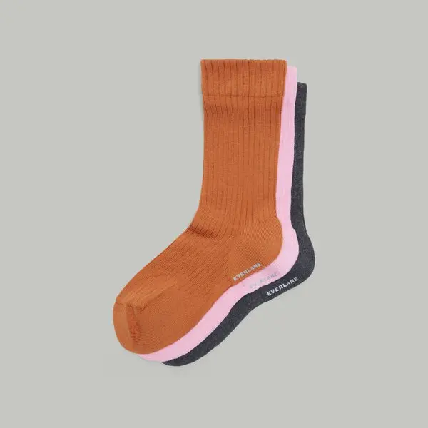 Everlane Organic Cotton Ribbed Crew Sock 3-pack - Charcoal/prism Pink/sugar Almond