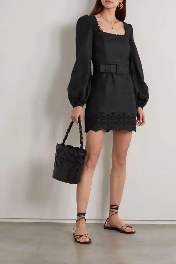 Rebecca Vallance Zahara Belted Broderie Anglaise Linen Mini Dress In Black  - 50% Off | Editorialist