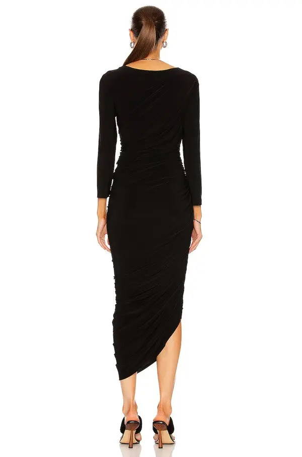 norma kamali diana dress long sleeve NORMA KAMALI Diana Ruched Long Sleeve Green Midi Dress