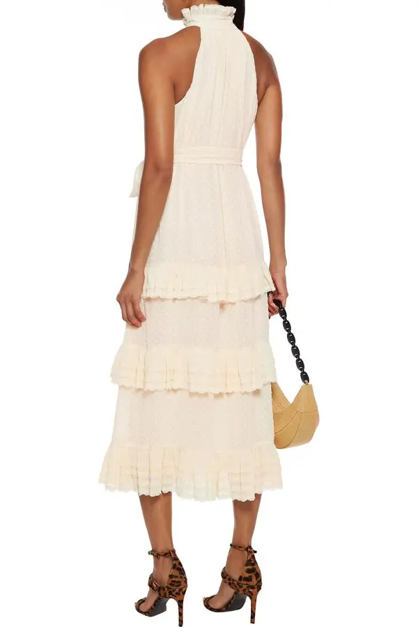 cream chiffon tiered midi dress Cowl Neck Floral Print Jacquard Chiffon Tiered Midi Dress - Cream