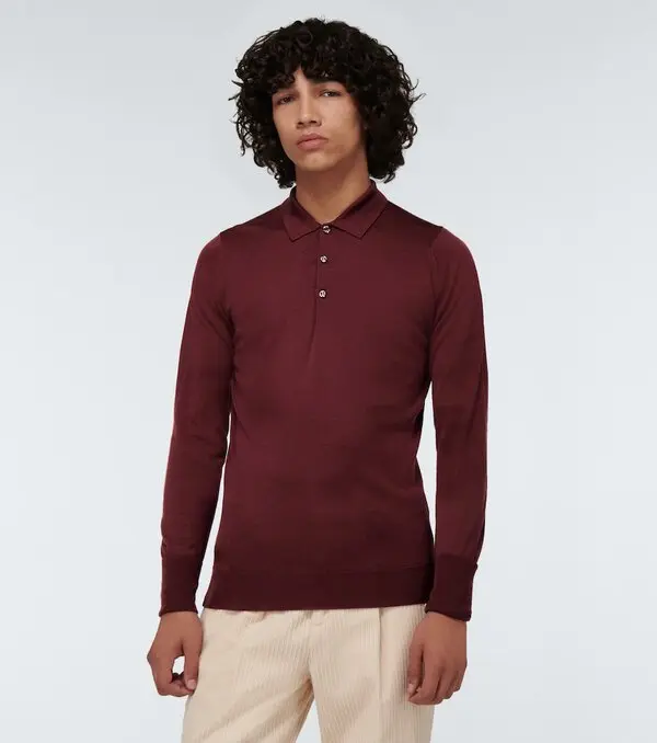 トップス John Smedley Long Sleeve Burgandy L John Smedley Cotswold Long-Sleeved Polo Shirt In Red - 30% Off