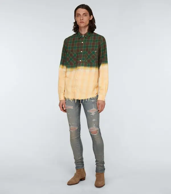 AMIRI アミリ BLEACHED FLANNEL TWO-TONED CUT OFF CHECK SHIRT ブリーチ フランネル 2トーン カットオフ 長袖シャツ グリーン/ベージュ MSL005 Amiri Bleached Flannel Shirt In Green - 50% Off | Editorialist
