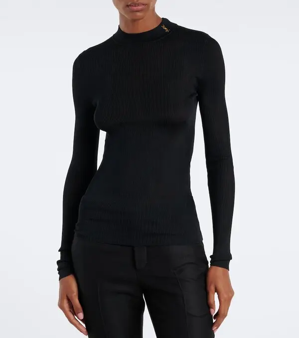 Saint Laurent Monogram Silk Mockneck Top - Black