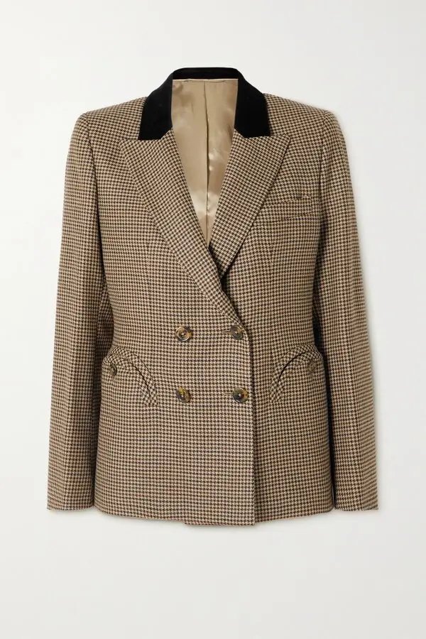 BLAZÉ MILANO Joyette Charmer Double-breasted Velvet-trimmed Houndstooth Wool Blazer
