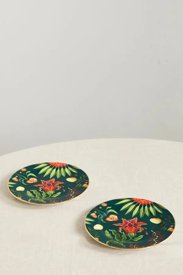 La DoubleJ Set Of Two Gold-plated Porcelain Dessert Plates - Green