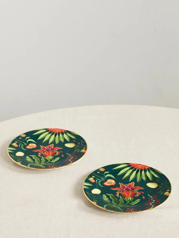La DoubleJ Gold-plated Porcelain Dessert Plates Set Of Two - Green