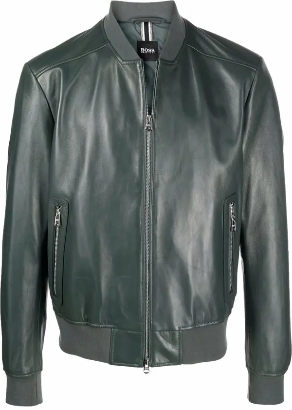 Hugo Boss Zip-Up Leather Bomber Jacket In Green - 20% Off