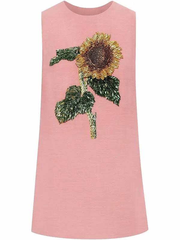 Oscar De La Renta Sunflower-Embroidered Shift Mini Dress In Pink - 50% Off  | Editorialist