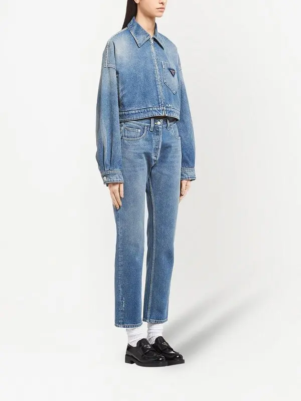 Prada Cropped Denim Jacket With Logo Plaque - Blue
