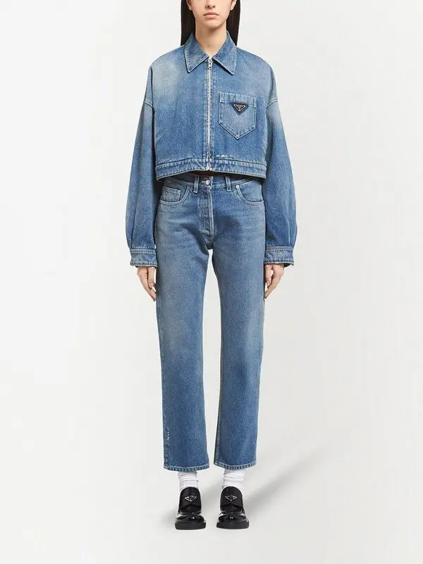 Prada Cropped Denim Jacket With Logo Plaque - Blue