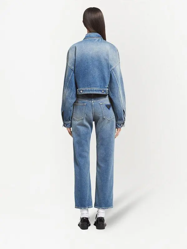 Prada Cropped Denim Jacket With Logo Plaque - Blue