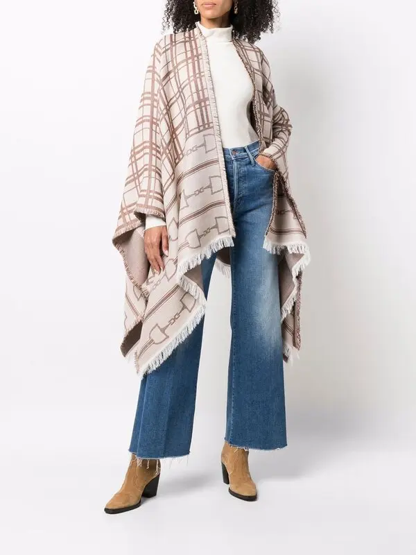 Elisabetta Franchi Checked Fringe Poncho