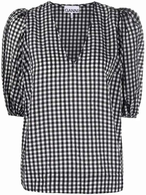 GANNI Check-print Balloon-sleeve Blouse