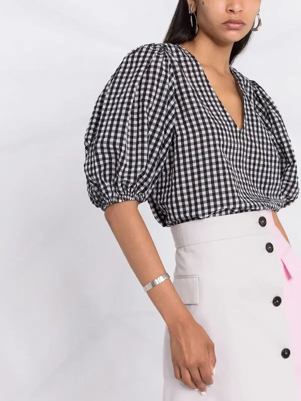GANNI Check-print Balloon-sleeve Blouse