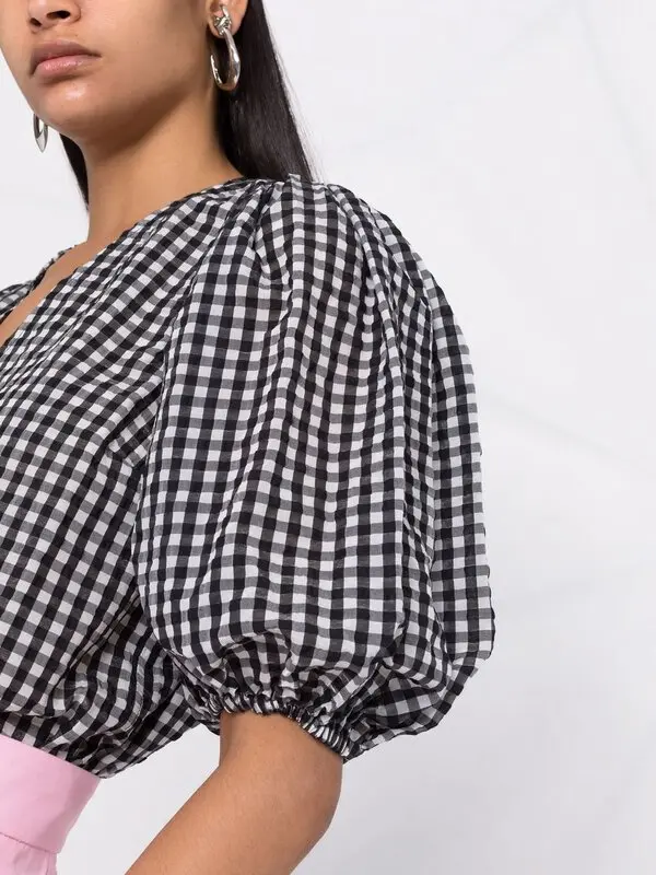 GANNI Check-print Balloon-sleeve Blouse