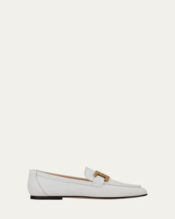 TOD'S Kate Chain Calfskin Flat Loafers - White