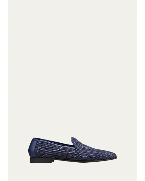 Manolo Blahnik Mario Raffia Slippers, Navy