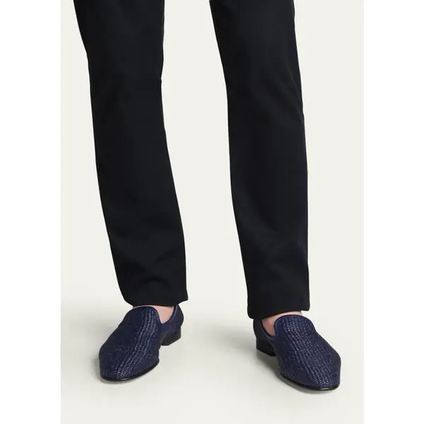 Manolo Blahnik Mario Raffia Slippers, Navy