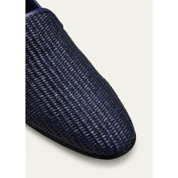 Manolo Blahnik Mario Raffia Slippers, Navy