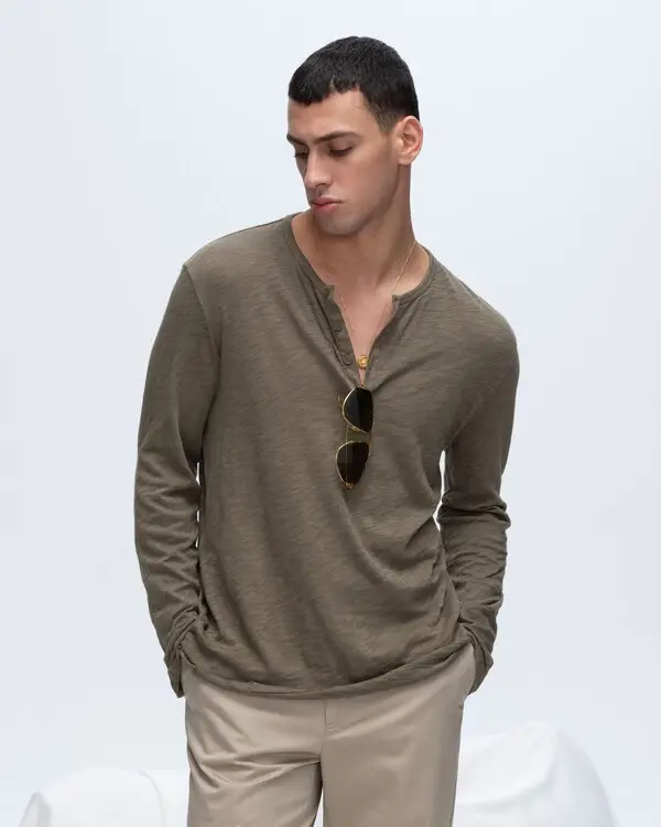 ATM Anthony Thomas Melillo Slub Jersey Destroyed Wash Henley Top - Army