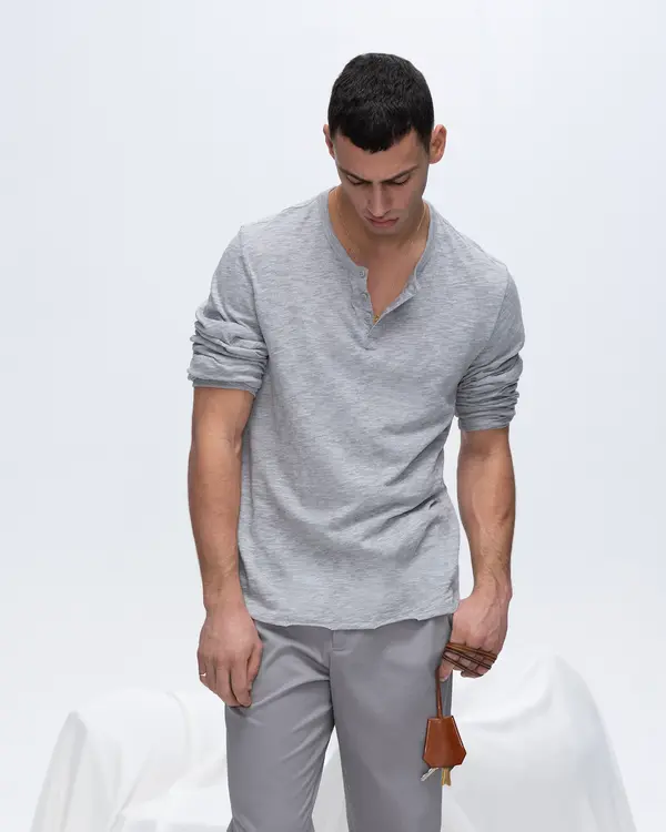 ATM Anthony Thomas Melillo Slub Jersey Destroyed Wash Henley Top - Heathered Grey