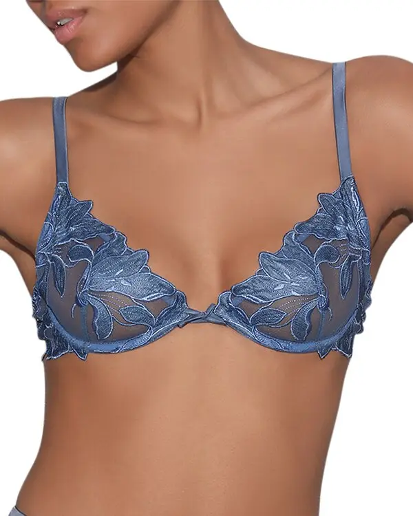 Fleur Du Mal Lily Embroidered Plunge Demi Bra - Spring Demin