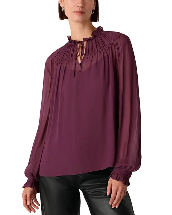 Whistles Tie Neck Sheer Blouse - Plum