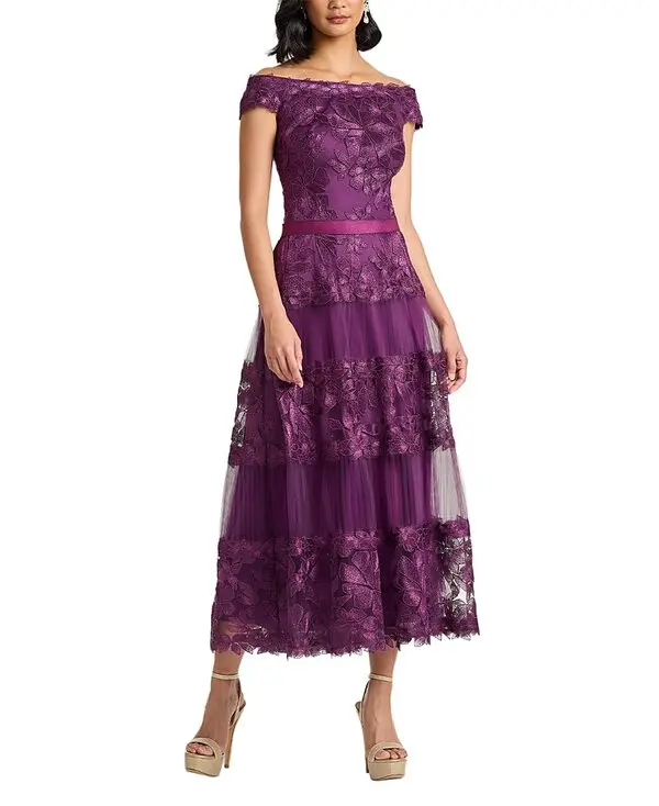 Tadashi Shoji Adriane Floral Embroidered Tea-length Dress - Deep Amethyst