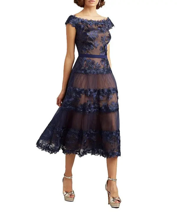 Tadashi Shoji Adriane Floral Embroidered Tea-length Dress - Navy