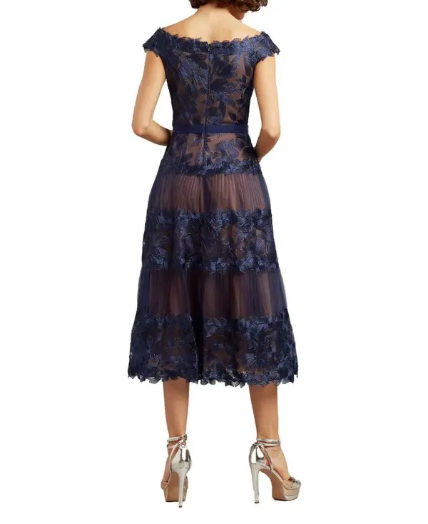 Tadashi Shoji Adriane Floral Embroidered Tea-length Dress - Navy