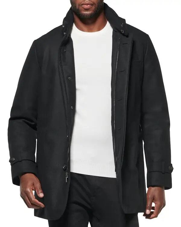NORWEGIAN WOOL Down Filled Wool & Cashmere Herringbone Car Coat - Black