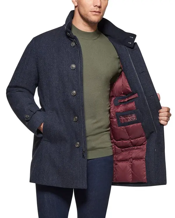 NORWEGIAN WOOL Down Filled Wool & Cashmere Herringbone Car Coat - British Blue Herringbone