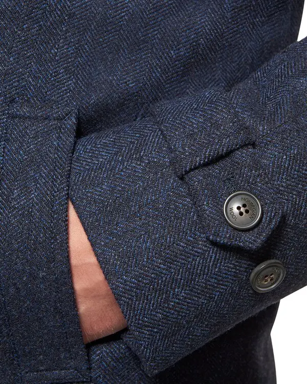 NORWEGIAN WOOL Down Filled Wool & Cashmere Herringbone Car Coat - British Blue Herringbone