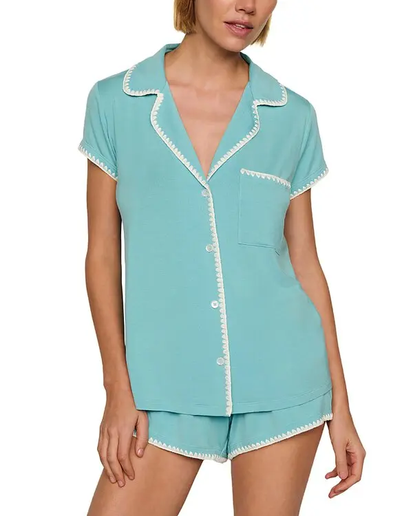 Eberjey Frida Whipstitch Short Pajama Set - Blue Lagoon/ivory