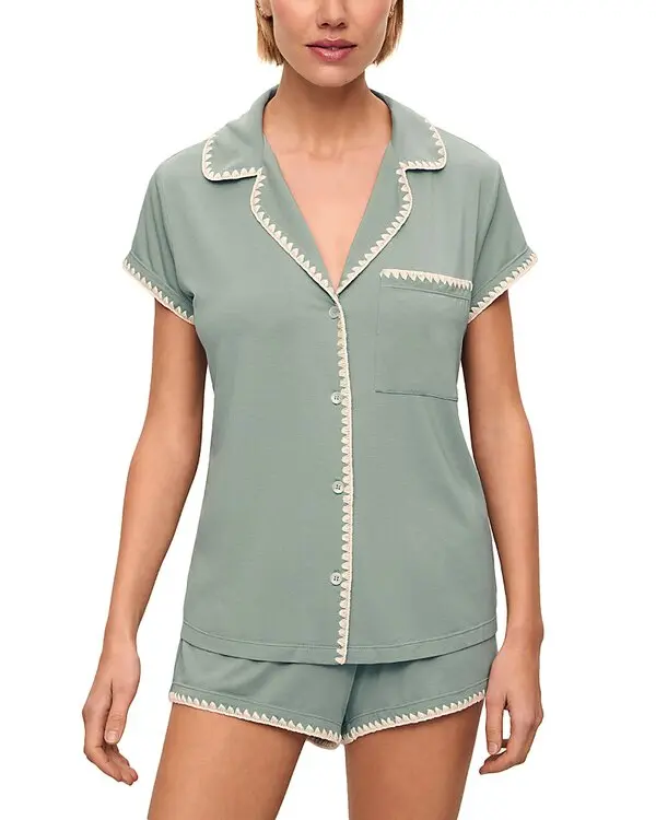 Eberjey Frida Whipstitch Short Pajama Set - Eucalyptus/ivory