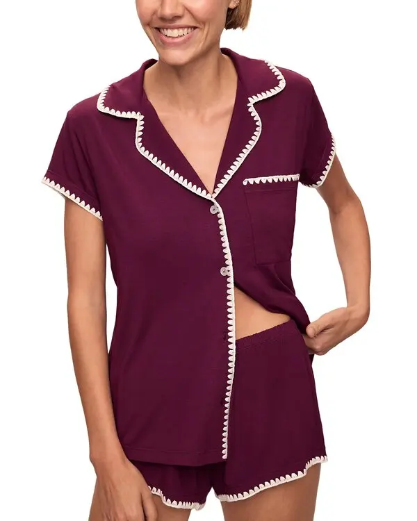 Eberjey Frida Whipstitch Short Pajama Set - Plum/ivory