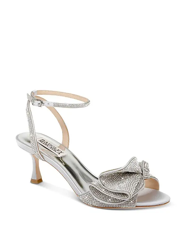 Badgley Mischka Remi Rhinestone Ruffle Mid-heel Sandals - Silver Satin