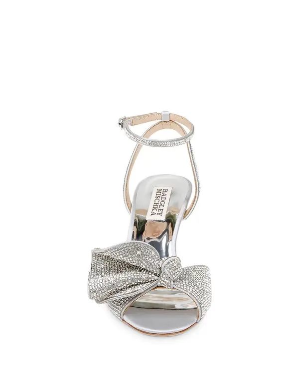 Badgley Mischka Remi Rhinestone Ruffle Mid-heel Sandals - Silver Satin