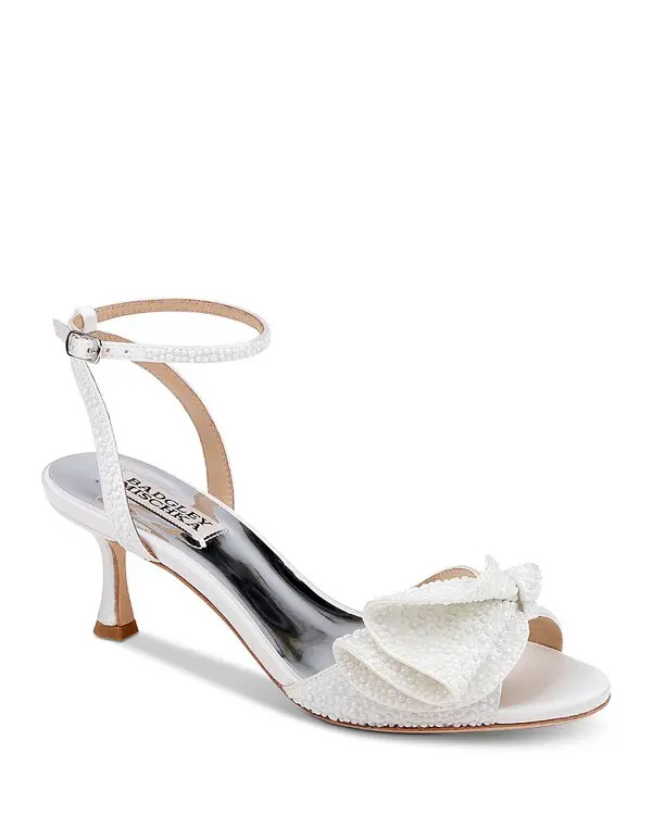 Badgley Mischka Remi Rhinestone Ruffle Mid-heel Sandals - White Satin