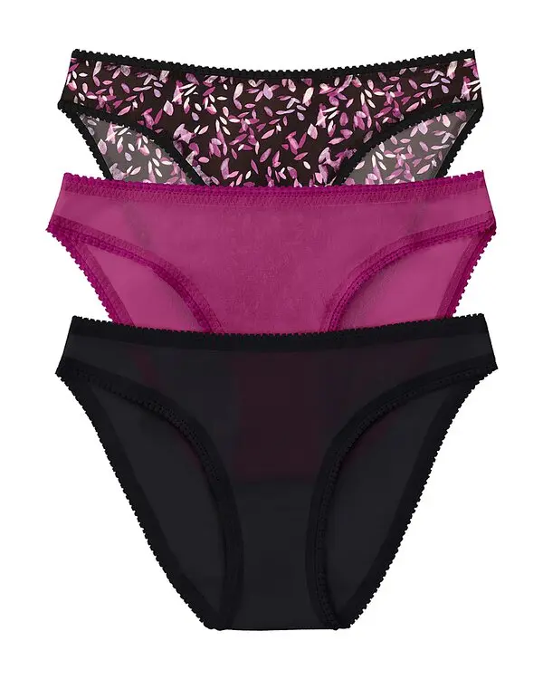 ON GOSSAMER Mesh Hip Bikinis, Set Of 3 - Black/grape Wine/falling Petals