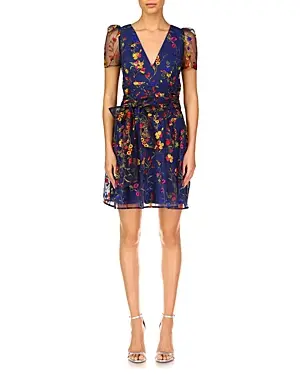 Monique Lhuillier Ml Monique Lhuiller Embroidered Mesh Puff Sleeve Cocktail  Dress In Lapis - 70% Off