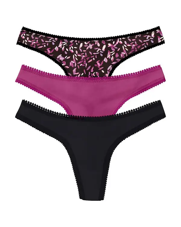ON GOSSAMER Hip G Thongs, Set Of 3 - Black/grape Wine/falling Petals